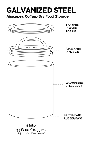 Airscape Kilo Coffee Storage Canister Large Food Container Patented Airtight Lid 2-Way Valve Preserve 2.2 lb Dry Beans Food Freshness (Matte White)