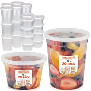 [40 pack] food storage containers with lids, round plastic deli cups, us made, 16 and 32 oz, cup pint quart size, leak proof, airtight, microwave & dishwasher safe, stackable, reusable, white