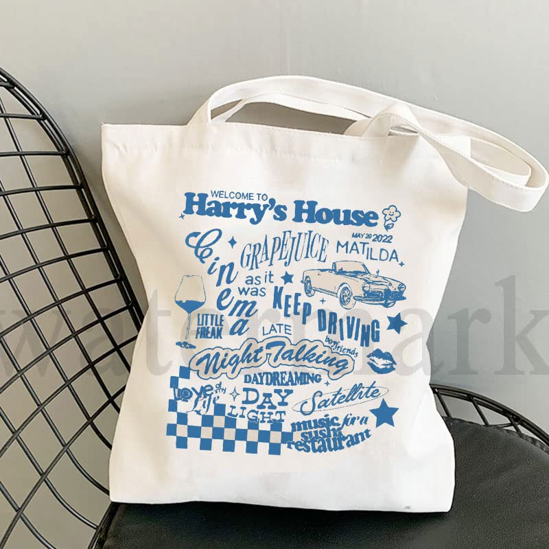 Singer Harry Inspired Styles Tote Bag Singer Song Idea Gifts Women Canvas Tote Bag Gift for Fans Large Size (Blue)