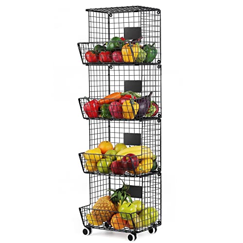 4 Tier Fruit Basket Kitchen Rolling Wire Vegetable Fruit Cart Rack, Stackable Potato Onion Organizer Bin with Wheels and Chalkboards, Wall Storage Bakset for Fruits and Vegetables