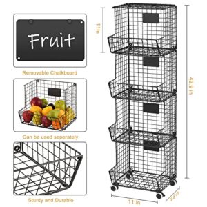 4 Tier Fruit Basket Kitchen Rolling Wire Vegetable Fruit Cart Rack, Stackable Potato Onion Organizer Bin with Wheels and Chalkboards, Wall Storage Bakset for Fruits and Vegetables