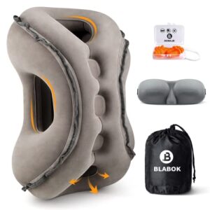 inflatable travel pillow,multifunction travel neck pillow for airplane to avoid neck and shoulder pain,support head,neck,used for sleeping rest, airplane and home use,with eye mask, earplugs,gray