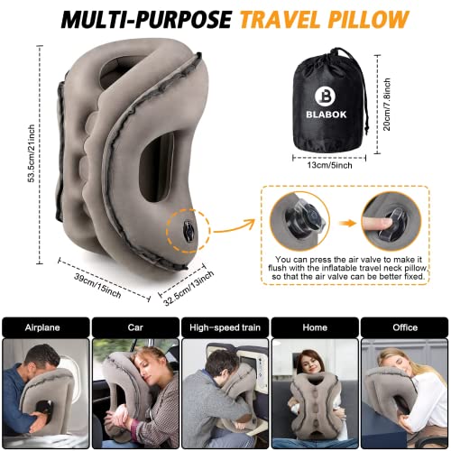 Inflatable Travel Pillow,Multifunction Travel Neck Pillow for Airplane to Avoid Neck and Shoulder Pain,Support Head,Neck,Used for Sleeping Rest, Airplane and Home Use,with Eye Mask, Earplugs,Gray