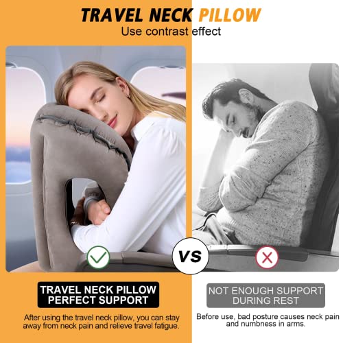 Inflatable Travel Pillow,Multifunction Travel Neck Pillow for Airplane to Avoid Neck and Shoulder Pain,Support Head,Neck,Used for Sleeping Rest, Airplane and Home Use,with Eye Mask, Earplugs,Gray