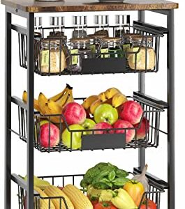 XYZLVSI Kitchen Storage Cart with Wheels, 4-Tier Metal Utility Rolling Cart Fruit Vegetable Storage Basket Pantry Rack with Wood Top & Pull Out Baskets for Kitchen, Livingroom, Diningroom, Office