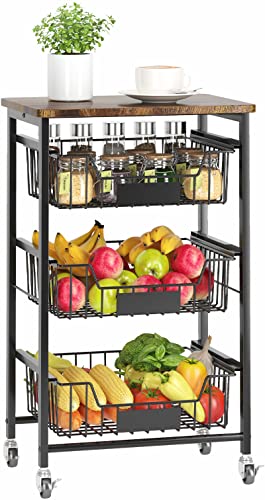 XYZLVSI Kitchen Storage Cart with Wheels, 4-Tier Metal Utility Rolling Cart Fruit Vegetable Storage Basket Pantry Rack with Wood Top & Pull Out Baskets for Kitchen, Livingroom, Diningroom, Office