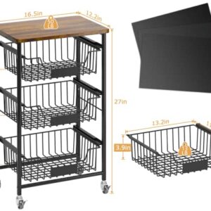 XYZLVSI Kitchen Storage Cart with Wheels, 4-Tier Metal Utility Rolling Cart Fruit Vegetable Storage Basket Pantry Rack with Wood Top & Pull Out Baskets for Kitchen, Livingroom, Diningroom, Office