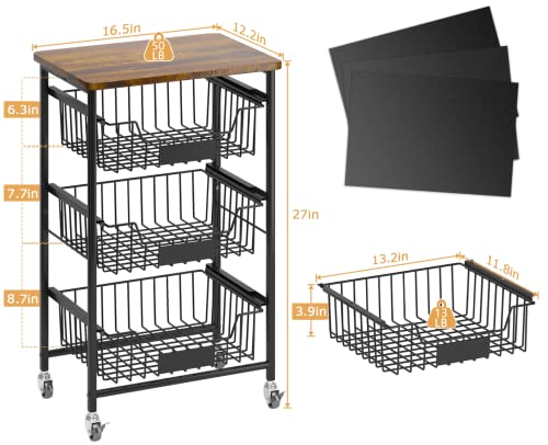 XYZLVSI Kitchen Storage Cart with Wheels, 4-Tier Metal Utility Rolling Cart Fruit Vegetable Storage Basket Pantry Rack with Wood Top & Pull Out Baskets for Kitchen, Livingroom, Diningroom, Office