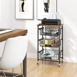 XYZLVSI Kitchen Storage Cart with Wheels, 4-Tier Metal Utility Rolling Cart Fruit Vegetable Storage Basket Pantry Rack with Wood Top & Pull Out Baskets for Kitchen, Livingroom, Diningroom, Office