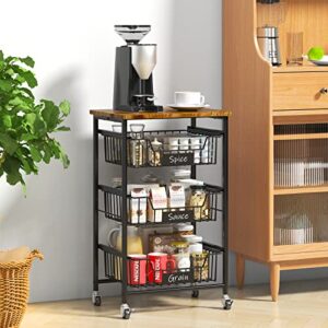 XYZLVSI Kitchen Storage Cart with Wheels, 4-Tier Metal Utility Rolling Cart Fruit Vegetable Storage Basket Pantry Rack with Wood Top & Pull Out Baskets for Kitchen, Livingroom, Diningroom, Office