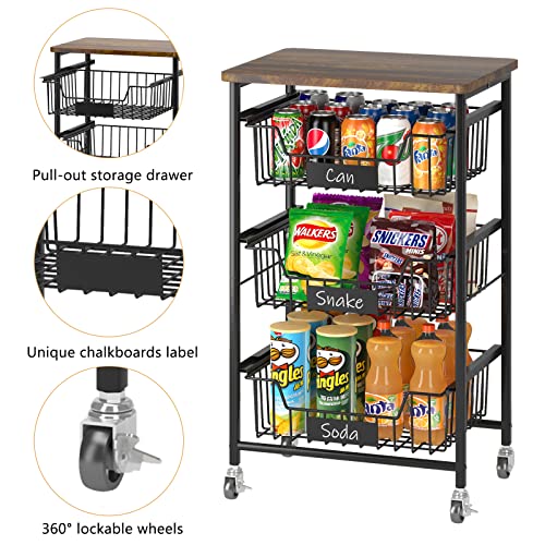 XYZLVSI Kitchen Storage Cart with Wheels, 4-Tier Metal Utility Rolling Cart Fruit Vegetable Storage Basket Pantry Rack with Wood Top & Pull Out Baskets for Kitchen, Livingroom, Diningroom, Office