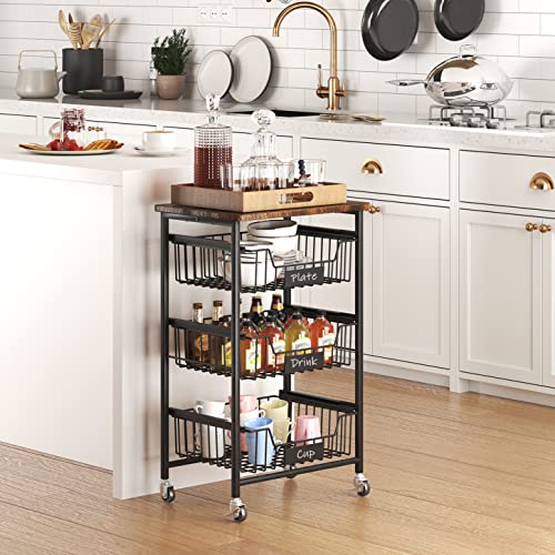 XYZLVSI Kitchen Storage Cart with Wheels, 4-Tier Metal Utility Rolling Cart Fruit Vegetable Storage Basket Pantry Rack with Wood Top & Pull Out Baskets for Kitchen, Livingroom, Diningroom, Office