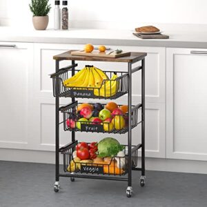 XYZLVSI Kitchen Storage Cart with Wheels, 4-Tier Metal Utility Rolling Cart Fruit Vegetable Storage Basket Pantry Rack with Wood Top & Pull Out Baskets for Kitchen, Livingroom, Diningroom, Office