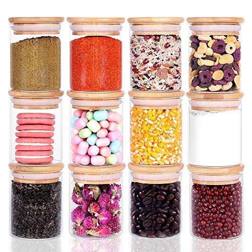 12 Piece Glass Storage Jars Set with Bamboo Lid, 6oz Glass Spice Canisters, Mini Glass Mason Jars with Airtight Lid for Kitchen Corner, Suit for Sugar, Cookies,Rice Flour and Other Dry Food Storage