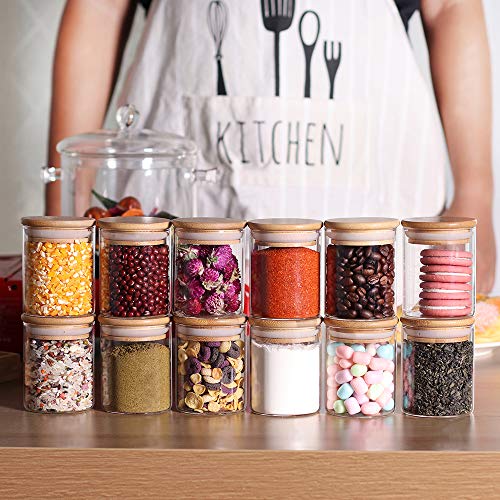 12 Piece Glass Storage Jars Set with Bamboo Lid, 6oz Glass Spice Canisters, Mini Glass Mason Jars with Airtight Lid for Kitchen Corner, Suit for Sugar, Cookies,Rice Flour and Other Dry Food Storage