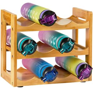 sushineibor bamboo water bottle holder stand bin, water bottle storage rack, 3-tier water bottle organizer for office home su-bottle-rack bottlerack