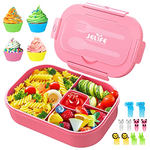 Jelife Lunch Box Kids Bento Box 1300ml Larger-Style Kid Lunch Box Containers Leak Proof Bento Lunch Box, BPA Free Lunchbox for Girls Teens Toddlers with Utensil, Food Fork Picks & Cake Cups, Pink