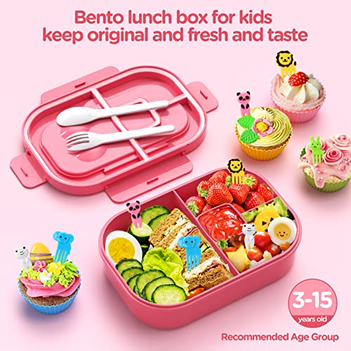 Jelife Lunch Box Kids Bento Box 1300ml Larger-Style Kid Lunch Box Containers Leak Proof Bento Lunch Box, BPA Free Lunchbox for Girls Teens Toddlers with Utensil, Food Fork Picks & Cake Cups, Pink