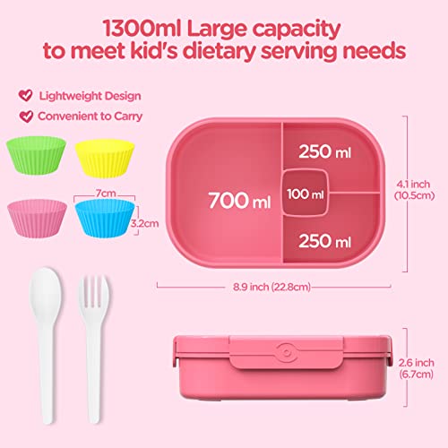 Jelife Lunch Box Kids Bento Box 1300ml Larger-Style Kid Lunch Box Containers Leak Proof Bento Lunch Box, BPA Free Lunchbox for Girls Teens Toddlers with Utensil, Food Fork Picks & Cake Cups, Pink