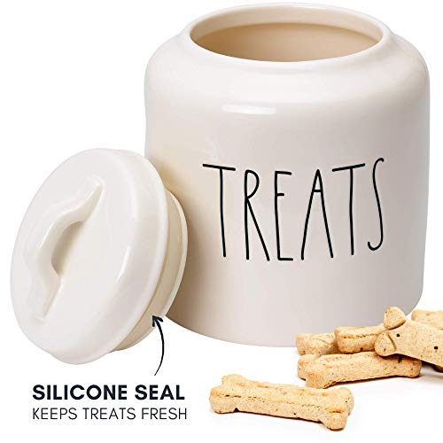 Rae Dunn Ceramic Cookie Jar, Dog Biscuit Kitchen Canister with Lid, Hand-Lettered “Treats” Snack Jar