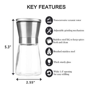 Mincham Manual Salt or Pepper Grinder for Professional Chef, Best Spice Mill with Stainless Steel Cap, Ceramic Blades and Adjustable Coarseness, Refillable Glass Body with 6OZ Capacity