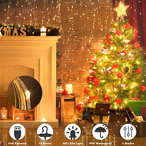 Fairy Curtain Lights for Bedroom 300 LED,SUWITU Christmas String Lights USB Plug in 8 Modes Wall Hanging Twinkle Lights with Remote Control for In/Outdoor Wedding Party Backdrop Xmas Decor(9.8x9.8FT)