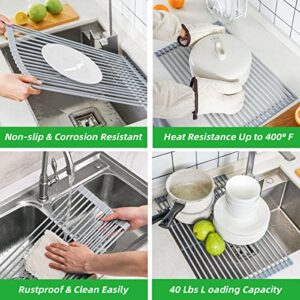 Wizdays Roll Up Dish Drying Rack Kitchen Sink, 17"x13" Foldable Food Safe Grade Silicone Wrapped Stainless Steel Dish Drying Rack, Space Saver, Easy to Use, Clean & Store