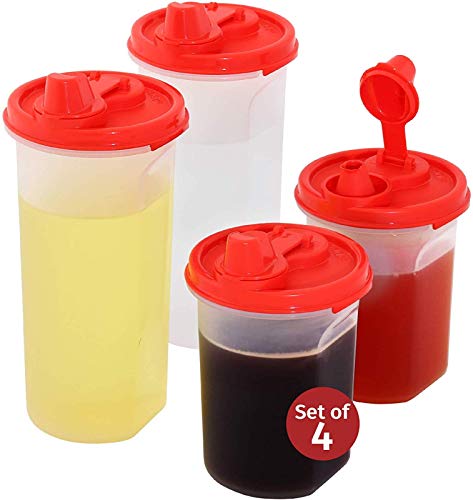 SignoraWare Easy Pour Oil and Vinegar Bottle Set - 4 Pack Olive Oil Dispenser Bottles Liquid, Dressings Plastic Containers Airtight Leakproof and Lids Non Drip Spout Wide mouth Easy Fill set of 2-15 & 2-21 oz