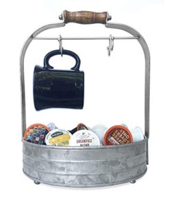 autumn alley rustic farmhouse galvanized coffee mug rack organizer for kitchen counter | mug tree with cup hooks and basket for storage of k cups and accessories | perfect for coffee bar