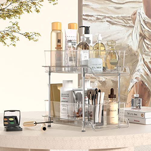 HIHEGD 2 Tier Bathroom Storage Organizer with Dividers, Clear Under Sink Organizers and Storage Pull Out Cabinet Organizer for Bathroom Kitchen Pantry Storage, Medicine Cabinet Organizer