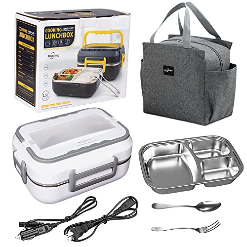 NICEPRO Heated Bento Box Electric Lunch Box Portable Food Warmer Heating Lunch Box Lunch Heater for Car&work Leak Proof 12V 24V110V 3 Grid Plate Removable Container for Adults with Carry Bag (White)