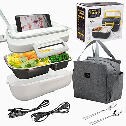 NICEPRO Heated Bento Box Electric Lunch Box Portable Food Warmer Heating Lunch Box Lunch Heater for Car&work Leak Proof 12V 24V110V 3 Grid Plate Removable Container for Adults with Carry Bag (White)