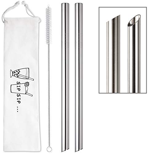 [Angled Tips] 2 Pcs Jumbo Reusable Boba Straws & Smoothie Straws, 0.5" Wide Stainless Steel Straws, Metal Straws for Bubble Tea/Tapioca Pearl, Milkshakes,Smoothies | 1 Cleaning Brush & 1 Case