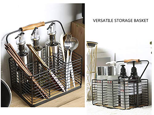 VANRA Utensil Holder Kitchen Condiment Organizer Utensil Caddy Storage Basket Organizer Metal Flatware Caddy with Wood Handle, Black