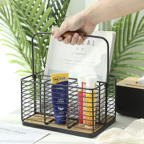 VANRA Utensil Holder Kitchen Condiment Organizer Utensil Caddy Storage Basket Organizer Metal Flatware Caddy with Wood Handle, Black