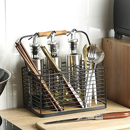 VANRA Utensil Holder Kitchen Condiment Organizer Utensil Caddy Storage Basket Organizer Metal Flatware Caddy with Wood Handle, Black