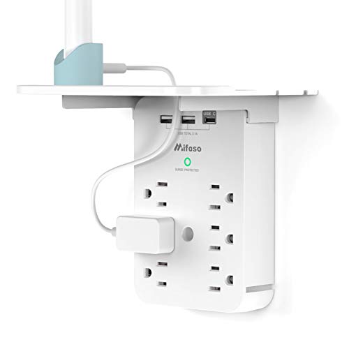 Wall Outlet Extender - Surge Protector 6 AC Outlets Multi Plug Outlet with Shelf, 2 USB and USB C Charging Ports Wall Plug Expander, USB Wall Charger Outlet Splitter for Home Dorm