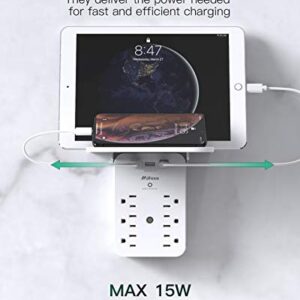 Wall Outlet Extender - Surge Protector 6 AC Outlets Multi Plug Outlet with Shelf, 2 USB and USB C Charging Ports Wall Plug Expander, USB Wall Charger Outlet Splitter for Home Dorm