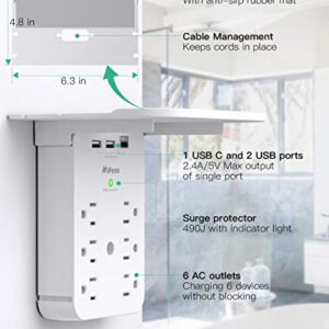 Wall Outlet Extender - Surge Protector 6 AC Outlets Multi Plug Outlet with Shelf, 2 USB and USB C Charging Ports Wall Plug Expander, USB Wall Charger Outlet Splitter for Home Dorm