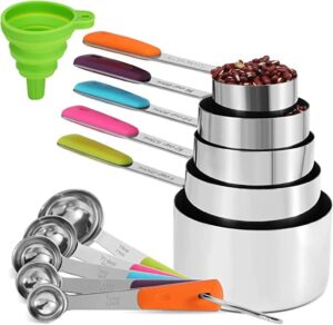 11pcs stainless steel measuring cups and spoons set, stackable metal measure cup, widely used kitchen dry food, cooking baking measurements (kitchen funnel)