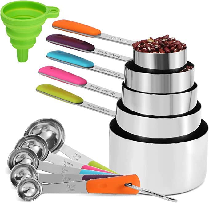 11Pcs Stainless Steel Measuring Cups and Spoons Set, Stackable Metal Measure Cup, Widely Used Kitchen Dry Food, Cooking Baking Measurements (Kitchen Funnel)