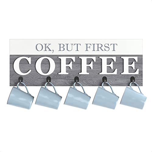 Barnyard Designs ‘Ok, But First Coffee’ Hanging Mug Holder, Wall Mounted Coffee Cup Organizer Rack, Rustic Farmhouse Wood Wall Decor Sign, for Kitchen, Coffee Bar or Cafe, Gray and White, 24” x 8.5”