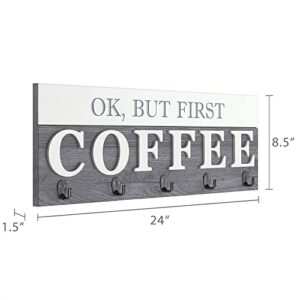 Barnyard Designs ‘Ok, But First Coffee’ Hanging Mug Holder, Wall Mounted Coffee Cup Organizer Rack, Rustic Farmhouse Wood Wall Decor Sign, for Kitchen, Coffee Bar or Cafe, Gray and White, 24” x 8.5”