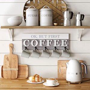 Barnyard Designs ‘Ok, But First Coffee’ Hanging Mug Holder, Wall Mounted Coffee Cup Organizer Rack, Rustic Farmhouse Wood Wall Decor Sign, for Kitchen, Coffee Bar or Cafe, Gray and White, 24” x 8.5”