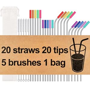 20 pack reusable stainless steel metal straws,10.5″ & 8.5″ reusable drinking straws with 20 silicone tips 5 straw brushes 1 travel case,eco friendly extra long metal straw fit for 20 24 30 oz tumbler