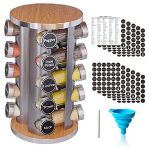 new england stories revolving spice rack set with 20 spice jars, kitchen spice tower organizer for countertop or cabinet — carousel storage includes 386 spice labels