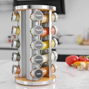 New England Stories Revolving Spice Rack Set with 20 Spice Jars, Kitchen Spice Tower Organizer for Countertop or Cabinet -- Carousel Storage Includes 386 Spice Labels