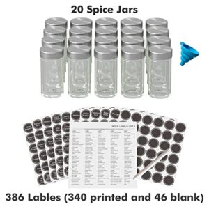 New England Stories Revolving Spice Rack Set with 20 Spice Jars, Kitchen Spice Tower Organizer for Countertop or Cabinet -- Carousel Storage Includes 386 Spice Labels