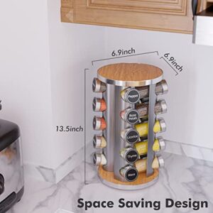 New England Stories Revolving Spice Rack Set with 20 Spice Jars, Kitchen Spice Tower Organizer for Countertop or Cabinet -- Carousel Storage Includes 386 Spice Labels