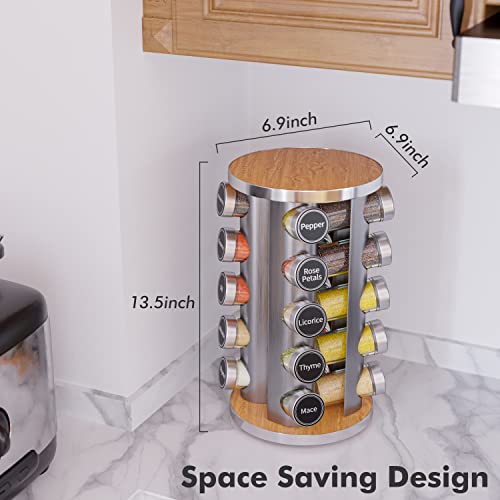 New England Stories Revolving Spice Rack Set with 20 Spice Jars, Kitchen Spice Tower Organizer for Countertop or Cabinet -- Carousel Storage Includes 386 Spice Labels